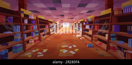 Abandoned dirty library room with bookshelf vector background. Interior ...