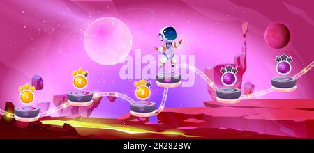 Game level map with alien planet landscape with platforms with spaceman ...