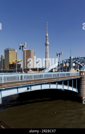 Tokyo Skytree, Sumida River, Komagata Bridge and moving ships Stock ...
