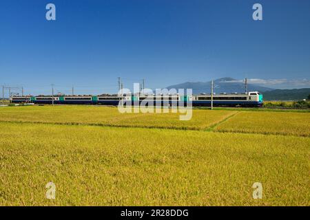 Limited express train Inaho running along JR Uetsu main line, Mount ...