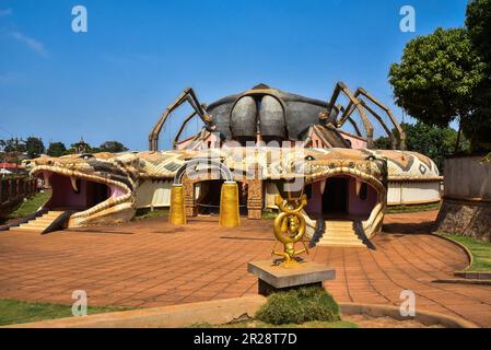 Yaounde, Cameroon. 12th Apr, 2023. A guide introduces Bamoun kings in ...