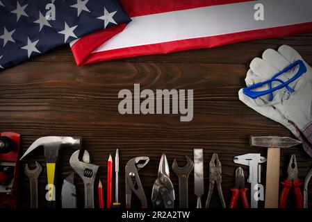 Tools and us flag on wooden background labor day banner mockup Stock ...