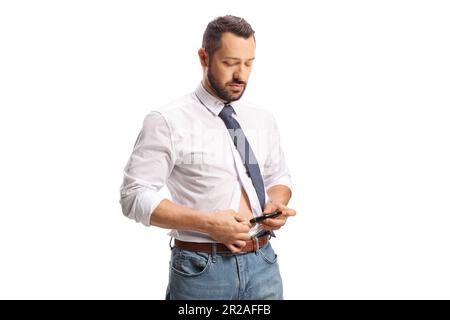 Young man injecting insulin shot in the belly and smiling isolated on ...