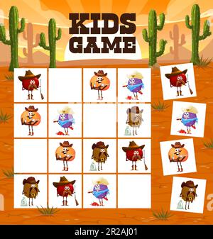 Sudoku kids game. Cartoon cowboy, bandit, sheriff and ranger vegetable ...
