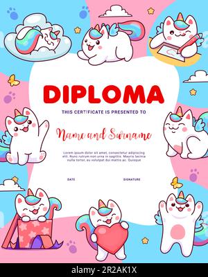 Kids diploma. Cartoon cute caticorn characters vector certificate ...