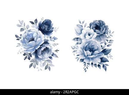 Watercolor navy blue flowers set, vintage vector flowers collection ...
