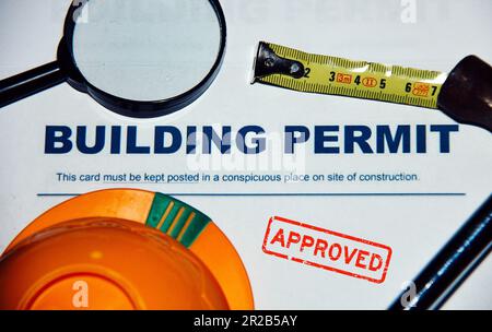 Building Permit concept with “approved” text . Permit about building activity and construction ...