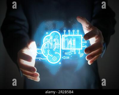 User dialogue with AI chat bot on futuristic smartphone interface ...