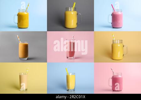 Collage with various smoothies on different color backgrounds. Banner ...