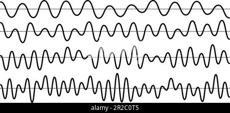 Sinusoid signals set. Black curve sound waves with different amplitude ...
