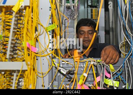 A telecom engineer checks the network link at the transmission room of ...