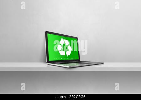Laptop computer on a shelf with a recycling symbol on screen ...