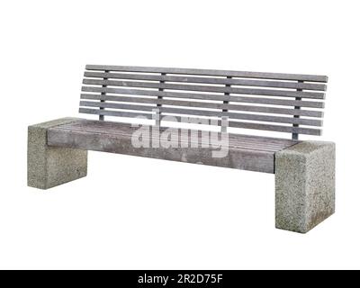 Three-quarter view of weathered concrete garden bench sides isolated on ...
