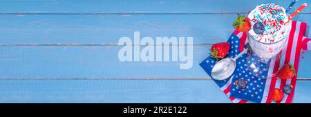 Patriotic USA American loaded milkshake, sweet dessert with red, white ...