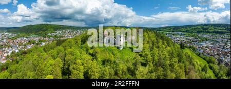 Aerial panorama of the Honburg castle ruins on the Honberg, above the ...