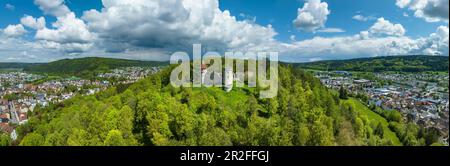 Aerial panorama of the Honburg castle ruins on the Honberg, above the ...