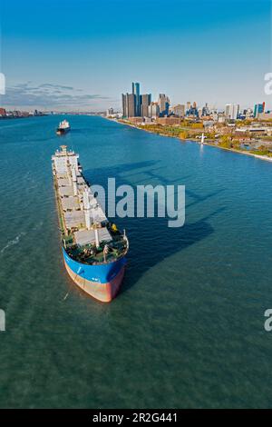 Detroit, Michigan - Oceangoing ships anchored in the Detroit River near ...