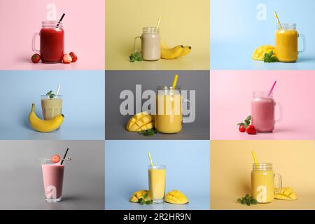 Collage with various smoothies on different color backgrounds. Banner ...