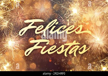 Felices Fiestas. Festive greeting card with happy holiday's wishes in ...