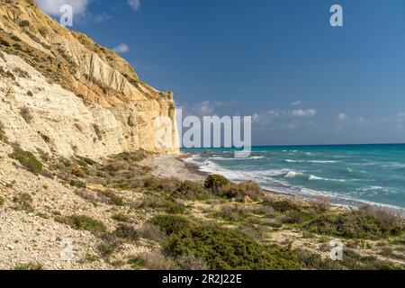 Beach on the cliffs of Cape Aspro near Pissouri seen from the air ...