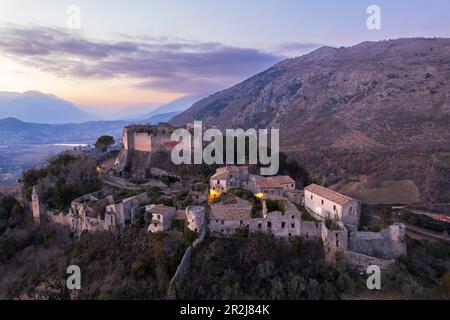 Aerial view of the medieval castle of Vicalvi, with red cross painted ...