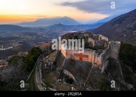 Aerial view of the medieval castle of Vicalvi, with red cross painted ...