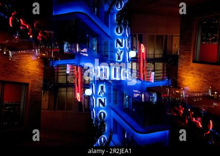 Double exposure of the Colony hotel on South Beach in Miami, famous ...