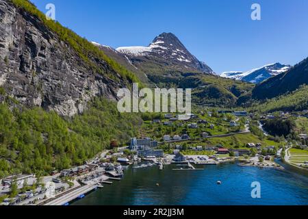 Aerial view of Geiranger pier area and village, Geiranger, Møre og ...