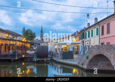 Comacchio; Via LA Muratori, seafood restaurants Stock Photo - Alamy