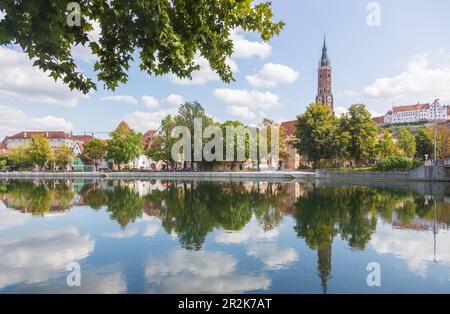 Landshut, Isar promenade, Röckl Tower Stock Photo - Alamy