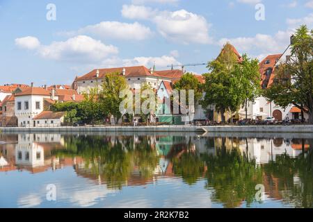 Landshut, Isar Promenade with Röckl Tower, St. Martin Abbey Basilica ...