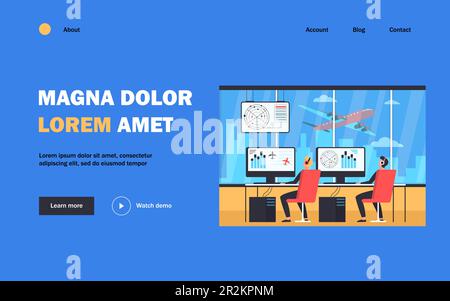 Operators controlling aircraft flat vector illustration. Cartoon ...