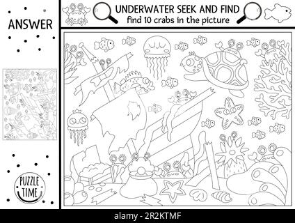 Vector under the sea searching game with sea landscape, submarine ...