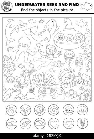 Vector under the sea searching game with sea landscape, submarine ...