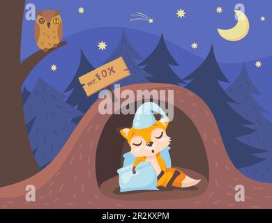 Cute fox sleeping in a burrow. Vector cartoon illustration Stock Vector ...