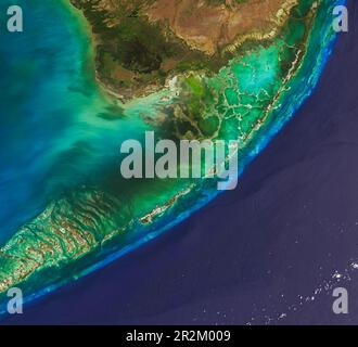 Satellite view of the Florida Keys showing land and sea, Florida, USA ...