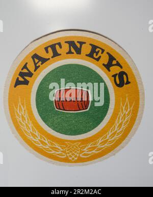 Closeup of a colourful Watneys Red Barrel cardboard beer mat Stock ...