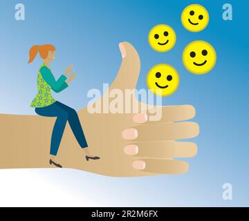 Woman sitting on hand with thumbs up, applauding and sending yellow ...