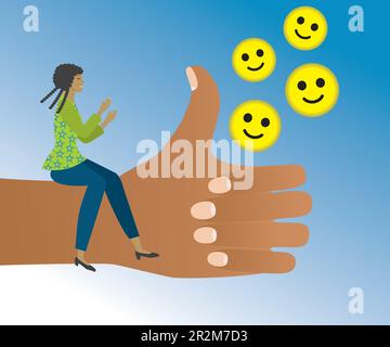 Woman sitting on hand with thumbs up, applauding and sending yellow ...