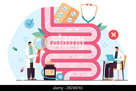 Tiny doctors examining gut flora flat vector illustration. Therapists ...