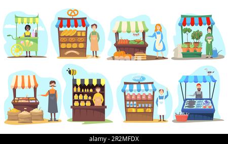 Street vendor booths. Outdoor local market stalls and fast food kiosks ...