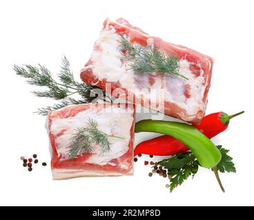 Pieces of pork fatback and different spices on white background Stock ...