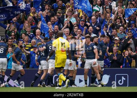 Leinster's Dan Sheehan (right) celebrates scoring their side's third ...