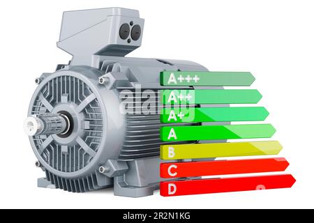 Electric motor with energy efficiency chart, 3D rendering isolated on ...