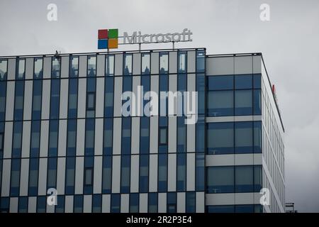Bucharest, Romania - May 09, 2023: The Microsoft logo is seen above its ...