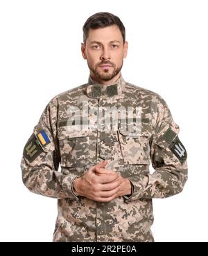 Ukrainian soldier in military uniform on white background Stock Photo ...