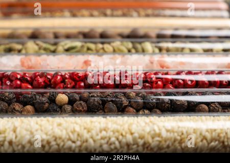 Glass tubes with different spices, closeup view Stock Photo - Alamy