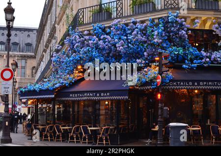 Exterior of Le Musset restaurant decorated with beautiful blue ...