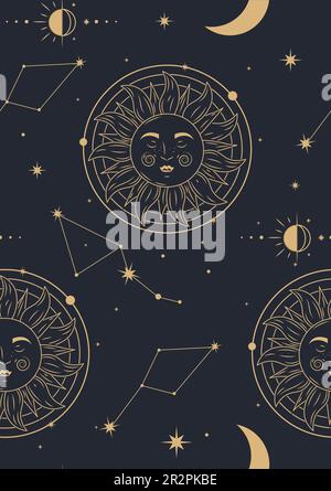 Magic seamless pattern with constellations, crescent, sun and stars ...