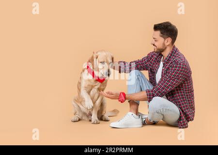 Cute Labrador Retriever giving paw to happy man on white background ...